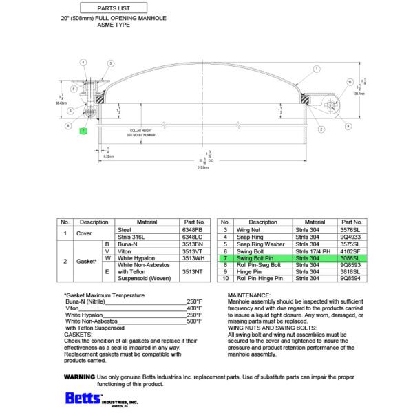 Swing Bolt Pin for Chemical Manhole - Kraft Tank Online Parts Store